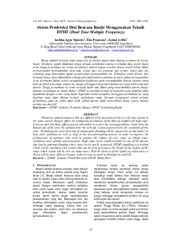 (PDF) Sistem Pendeteksi Dini Bencana Banjir Menggunakan Teknik DTMF (Dual Tone Multiple Frequency)