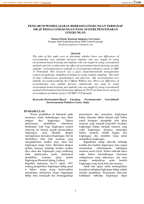 (PDF) Pengaruh Pembelajaran Berbasis Lingkungan Terhadap Sikap Peduli Lingkungan Pada Materi ...