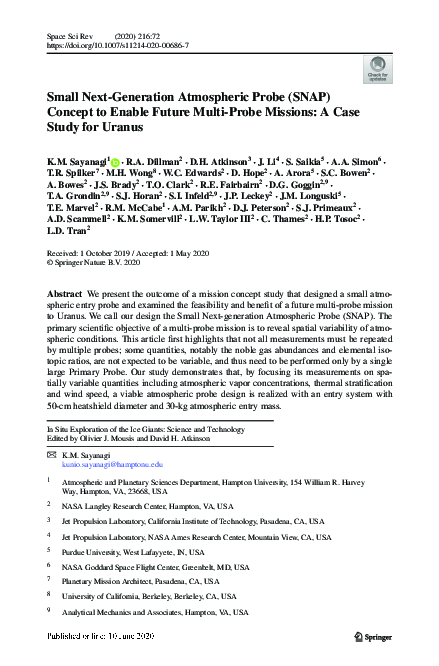 (PDF) Small Next-Generation Atmospheric Probe (SNAP) Concept to Enable ...