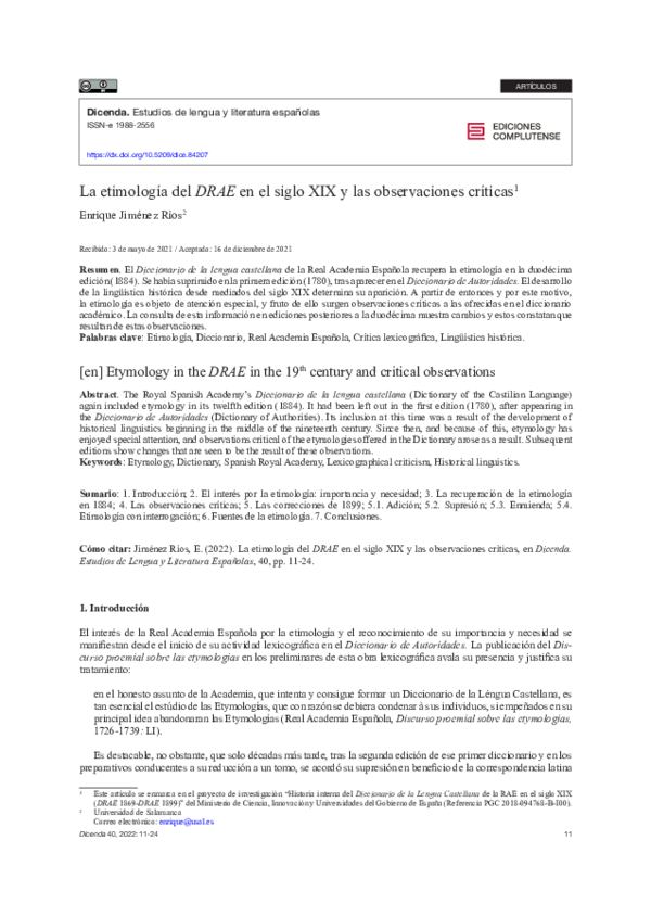 (PDF) La etimología del DRAE en el siglo XIX y las observaciones críticas