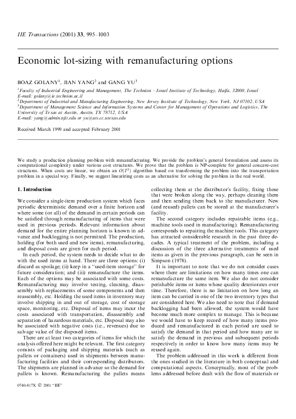Pdf Economic Lot Sizing With Remanufacturing Options