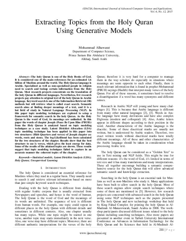 (PDF) Extracting Topics from the Holy Quran Using Generative Models