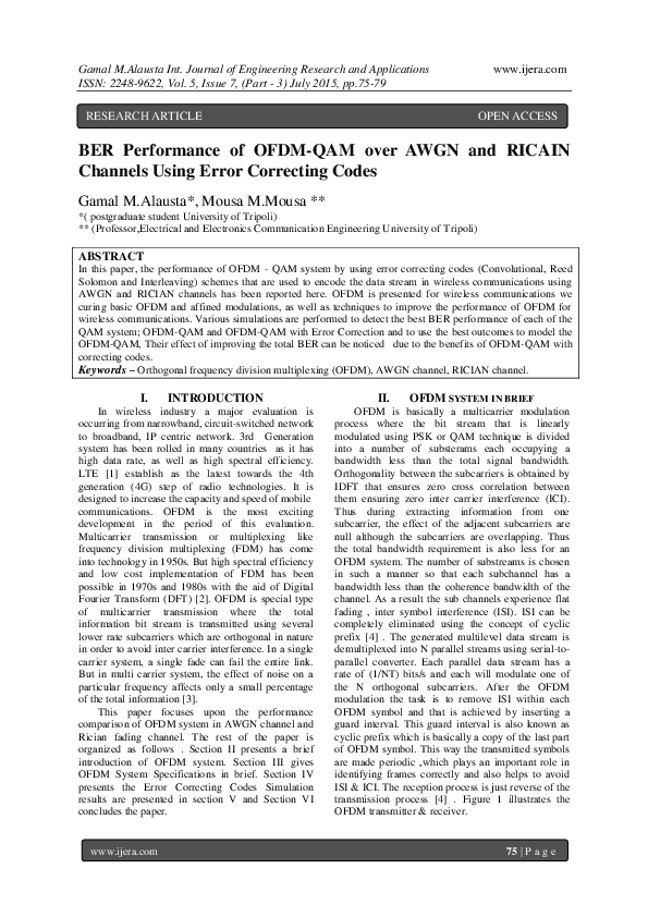 (PDF) BER Performance of OFDM-QAM over AWGN and RICAIN Channels Using Error Correcting Codes
