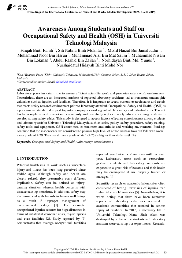 (PDF) Awareness Among Students and Staff on Occupational Safety and ...