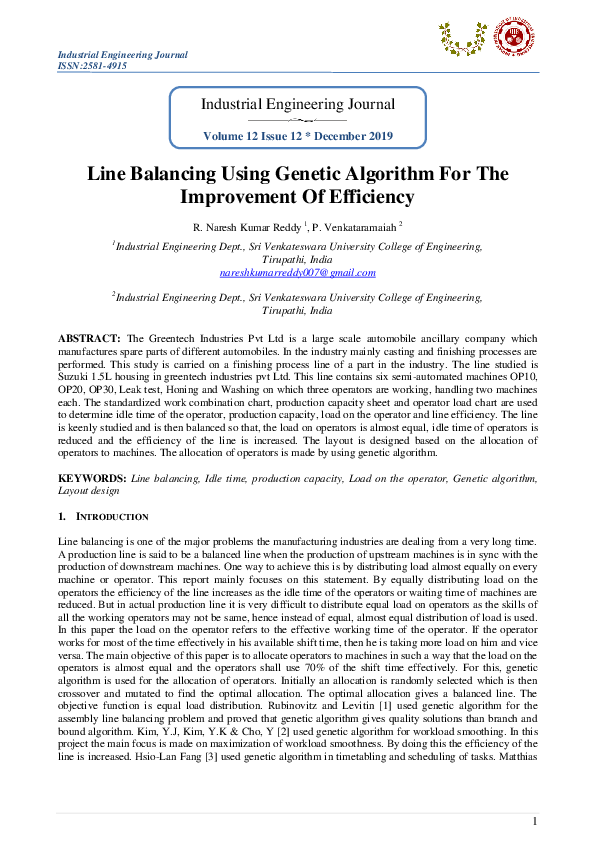 (PDF) Line balancing using GENETIC ALGORITHM for the improvement of efficiency