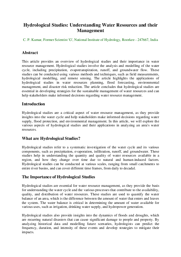 (PDF) Hydrological Studies: Understanding Water Resources and their ...