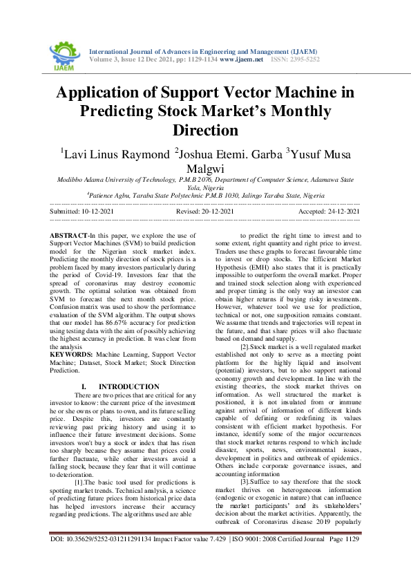 Pdf Application Of Support Vector Machine In Predicting Stock Markets Monthly Direction 4801
