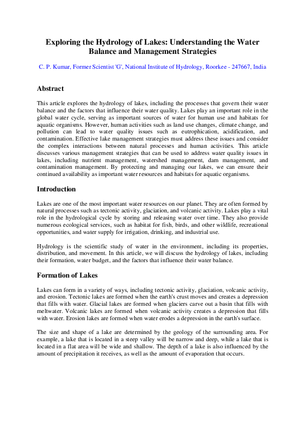(PDF) Exploring the Hydrology of Lakes: Understanding the Water Balance and Management Strategies