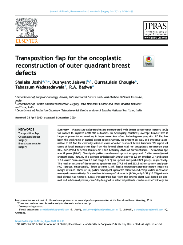 (PDF) Transposition flap for the oncoplastic reconstruction of outer quadrant breast defects