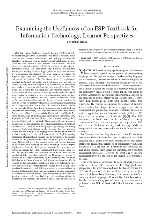 (PDF) Examining The Usefulness Of An Esp Textbook For Information Technology: Learner Perspectives