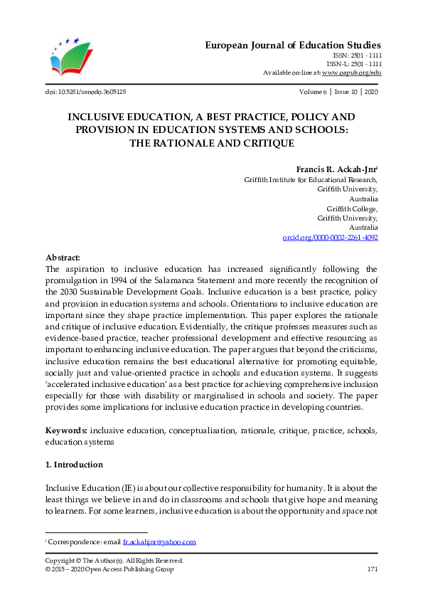 (PDF) Inclusive Education, a Best Practice, Policy and Provision in ...