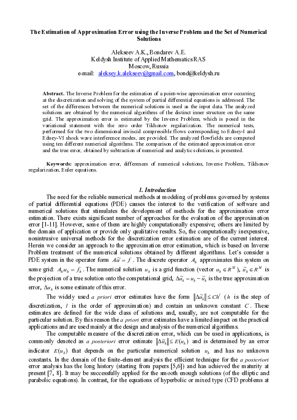 (PDF) The estimation of approximation error using inverse problem and a set of numerical solutions