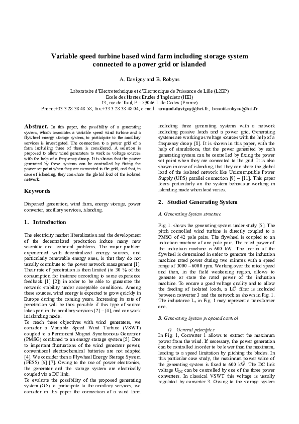 (PDF) Variable speed turbine based wind farm including storage system connected to a power grid ...