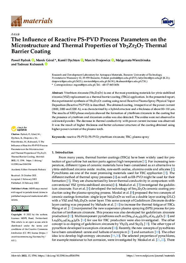 (PDF) The Influence of Reactive PS-PVD Process Parameters on the Microstructure and Thermal ...