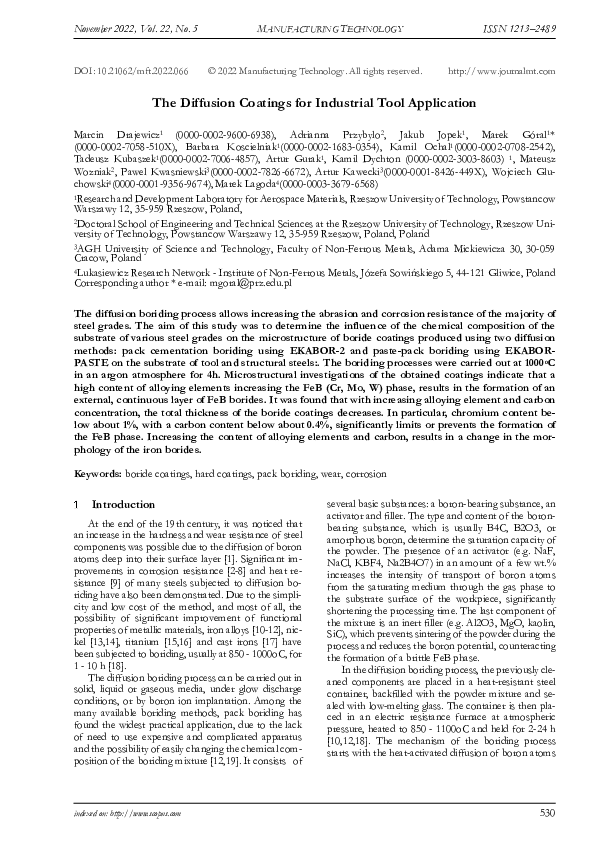 (PDF) The Diffusion Coatings for Industrial Tool Application
