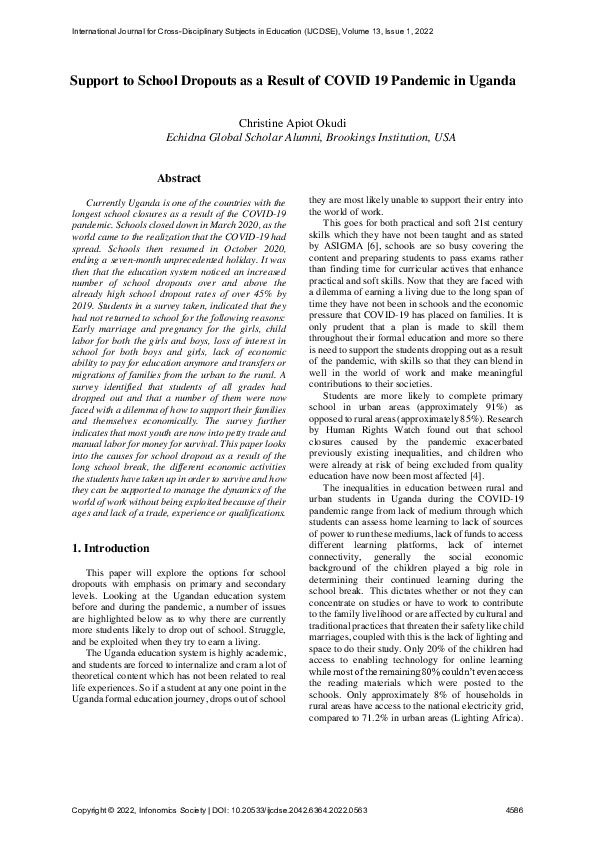 (PDF) Support to School Dropouts as a Result of COVID 19 Pandemic in Uganda