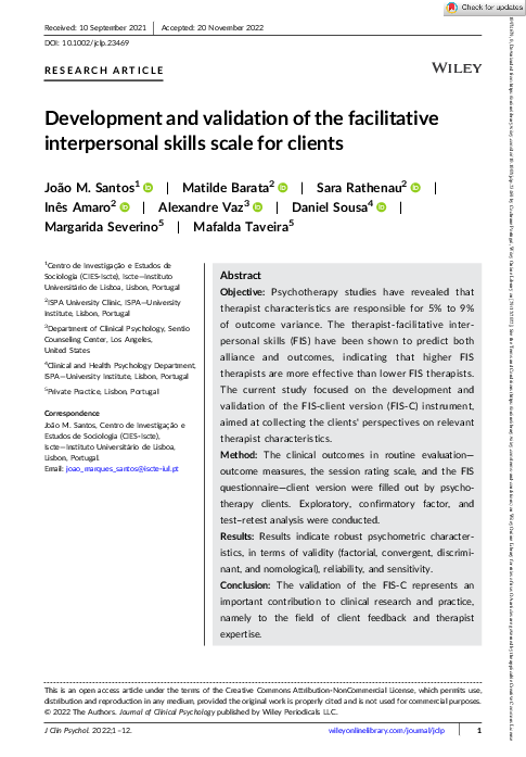 (PDF) Development and validation of the facilitative interpersonal skills scale for clients