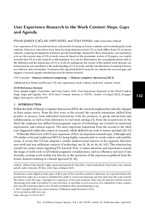 (PDF) User Experience Research in the Work Context: Maps, Gaps and Agenda