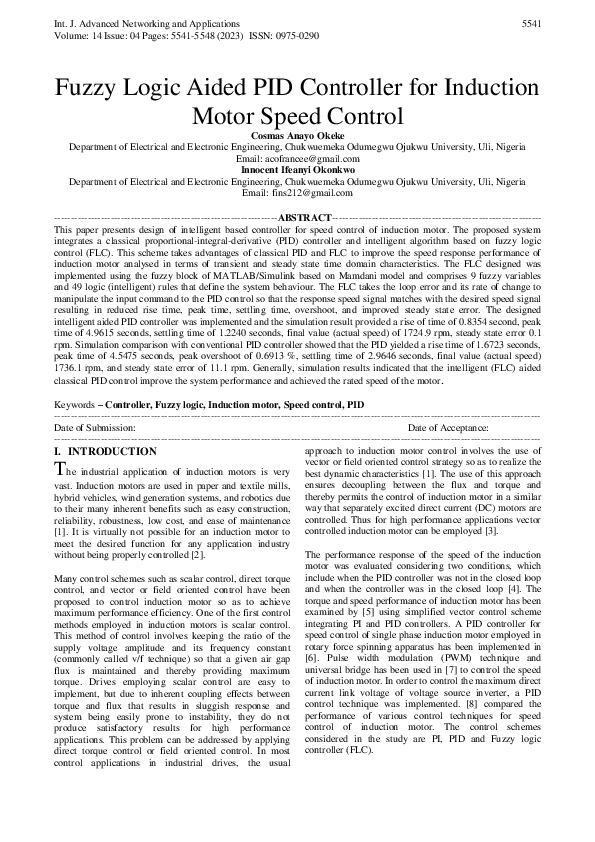 (PDF) Fuzzy Logic Aided PID Controller for Induction Motor Speed Control
