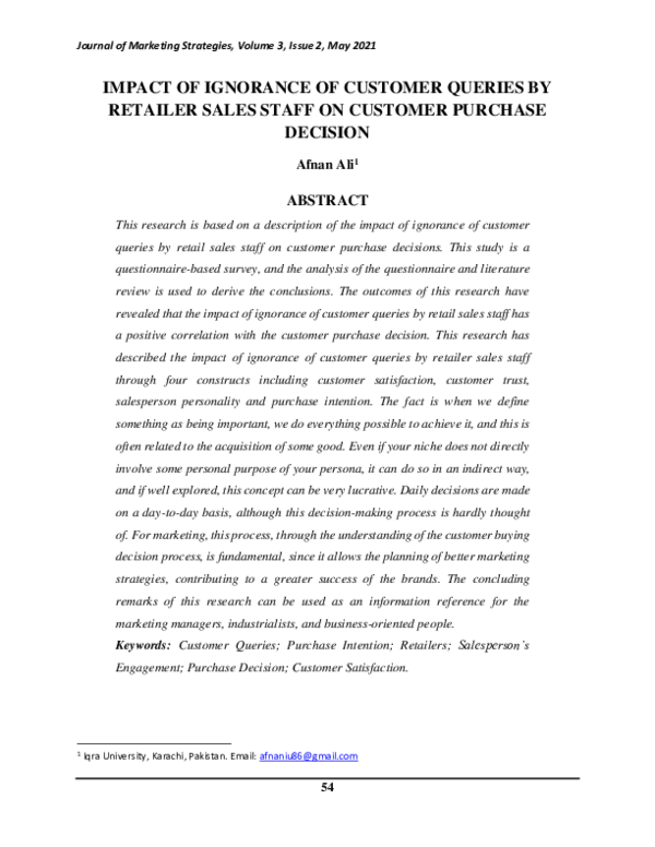 (PDF) Impact of Ignorance of Customer Queries by Retailer Sales Staff ...