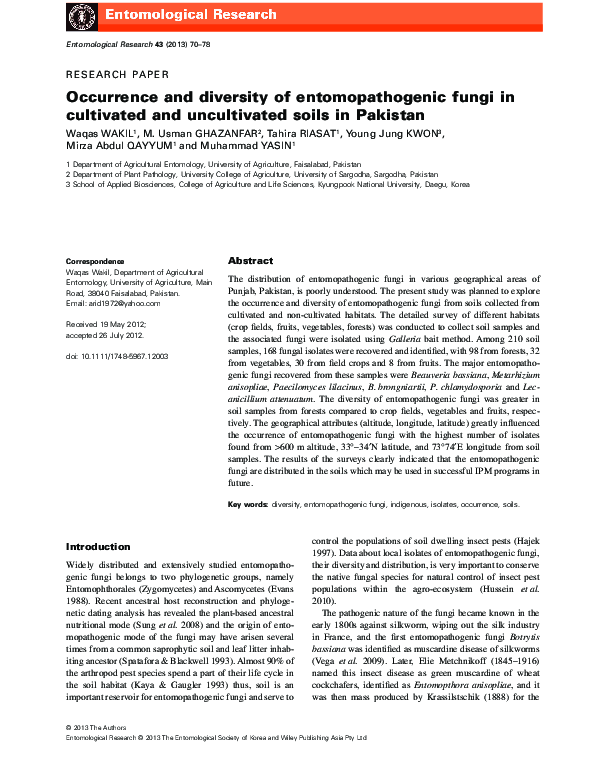 (PDF) Occurrence and diversity of entomopathogenic fungi in cultivated and uncultivated soils in ...