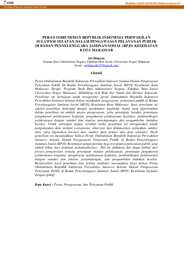 (PDF) Peran Ombudsman Republik Indonesia Perwakilan Sulawesi Selatan Dalam Pengawasan Pelayanan ...