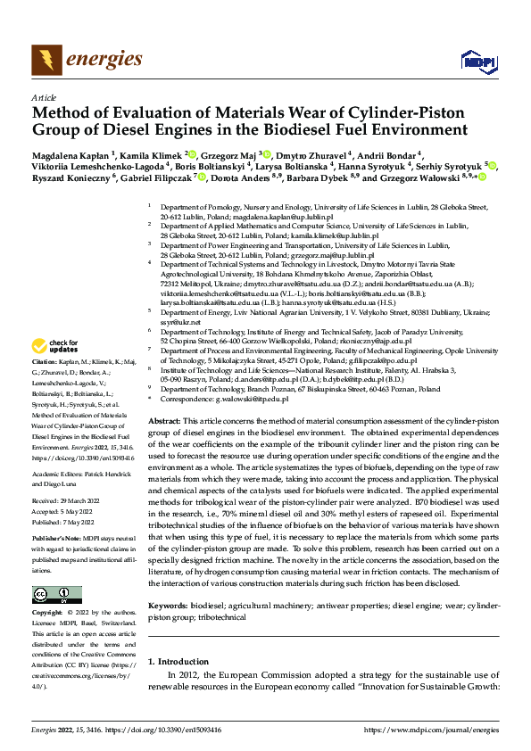 (PDF) Wear Evaluation in Diesel Engines Using Biodiesel