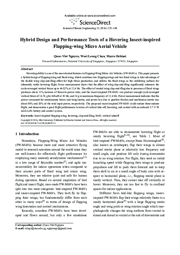 Pdf Hybrid Design And Performance Tests Of A Hovering Insect Inspired Flapping Wing Micro