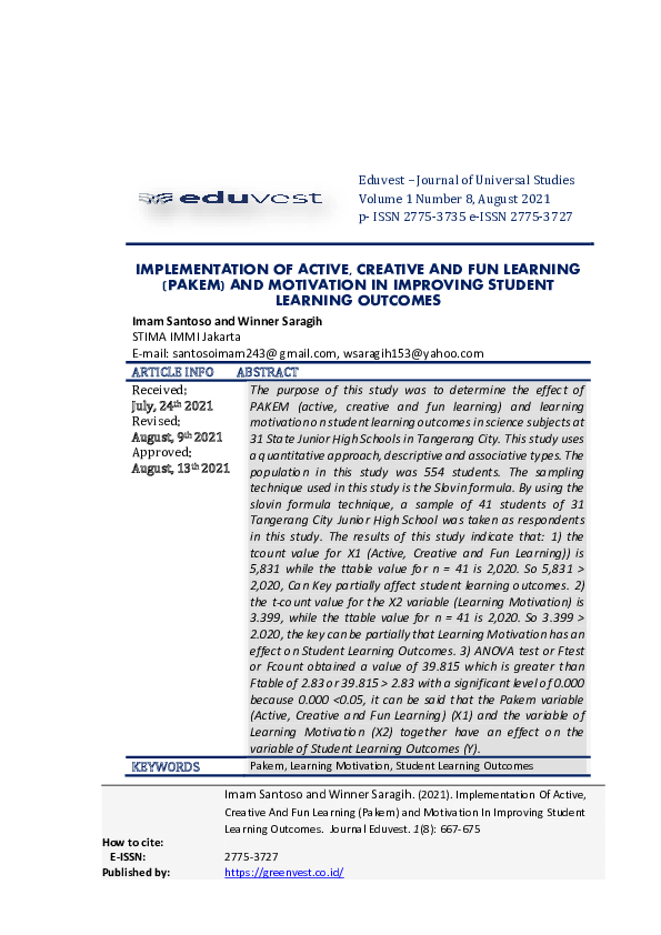 (PDF) Implementation of Active, Creative and Fun Learning (PAKEM) and Motivation in Improving ...