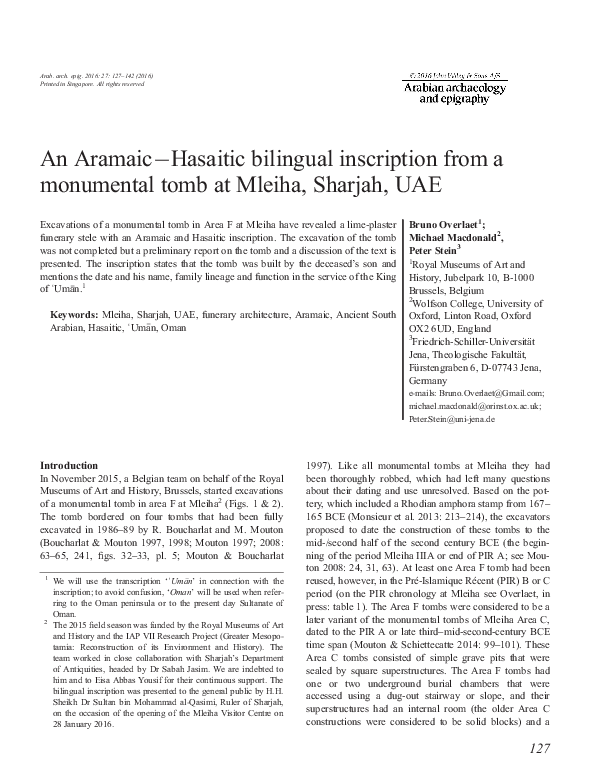 (PDF) An Aramaic−Hasaitic bilingual inscription from a monumental tomb ...