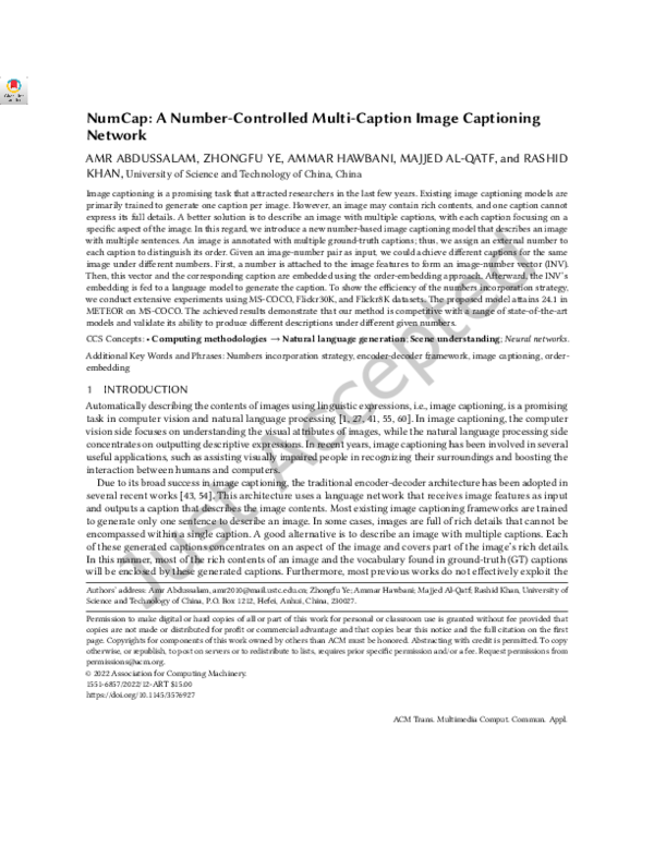 (PDF) NumCap: A Number-controlled Multi-caption Image Captioning Network