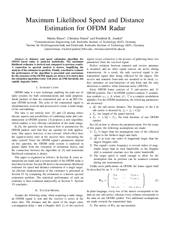(PDF) Maximum likelihood speed and distance estimation for OFDM radar