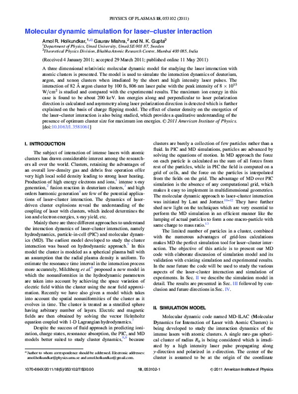 (PDF) Molecular dynamic simulation for laser–cluster interaction