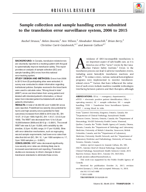 (PDF) Sample collection and sample handling errors submitted to the transfusion error ...