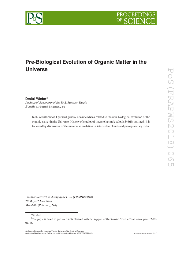 (PDF) Pre-Biological Evolution of Organic Matter in the Universe
