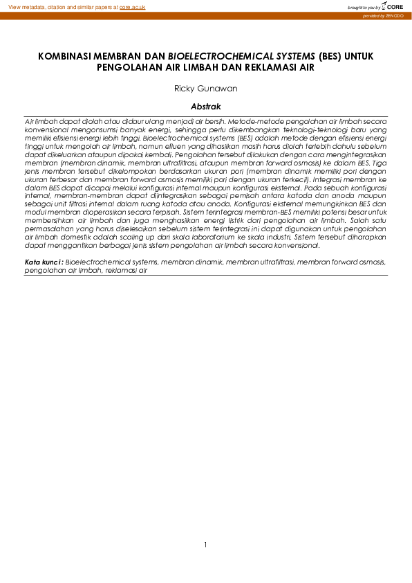 (PDF) Kombinasi Membran Dan Bioelectrochemical Systems (Bes) Untuk Pengolahan Air Limbah Dan ...