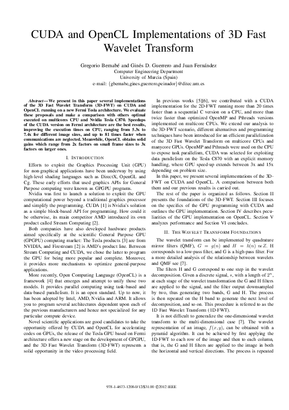 Pdf Cuda And Opencl Implementations Of 3d Fast Wavelet Transform
