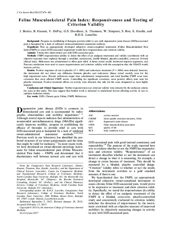 (PDF) Feline Musculoskeletal Pain Index: Responsiveness and Testing of ...