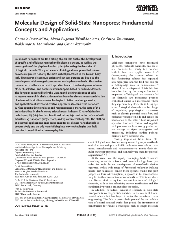 (PDF) Molecular Design of Solid‐State Nanopores: Fundamental Concepts and Applications