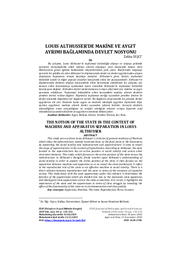 (PDF) Louis Althusser'de Makine ve Aygıt Ayrımı Bağlamında Devlet Nosyonu