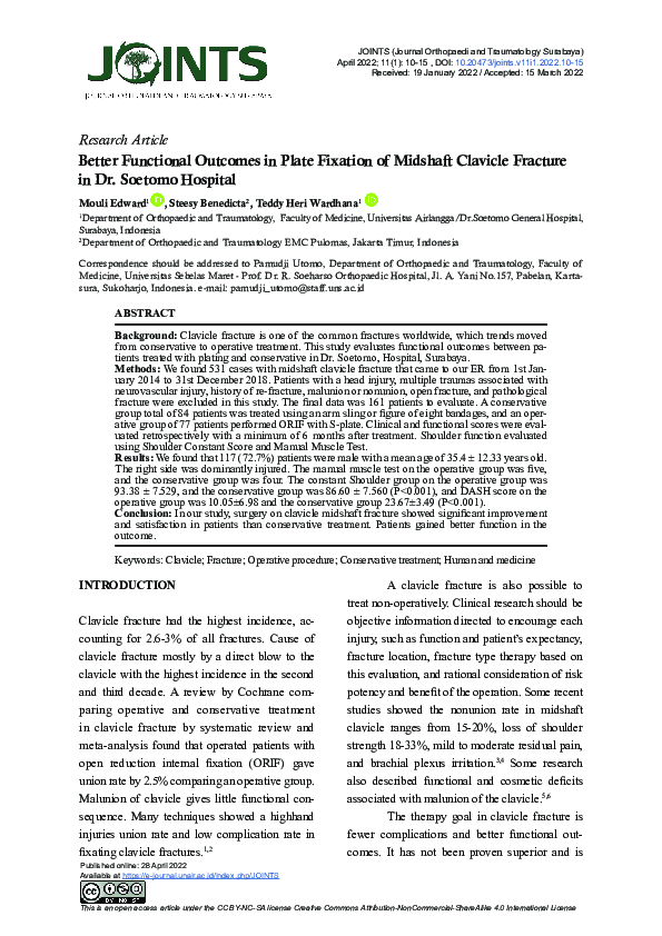 (PDF) Better Functional Outcomes in Plate Fixation of Midshaft Clavicle ...