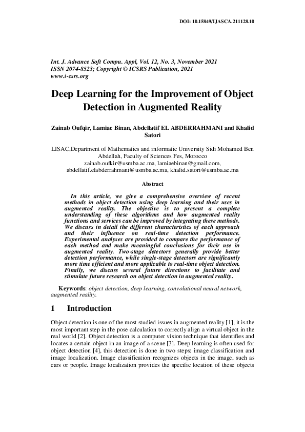 (PDF) Deep Learning for the Improvement of Object Detection in Augmented Reality