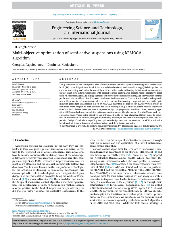 Pdf Multi Objective Optimization Of Semi Active Suspensions Using Kemoga Algorithm D