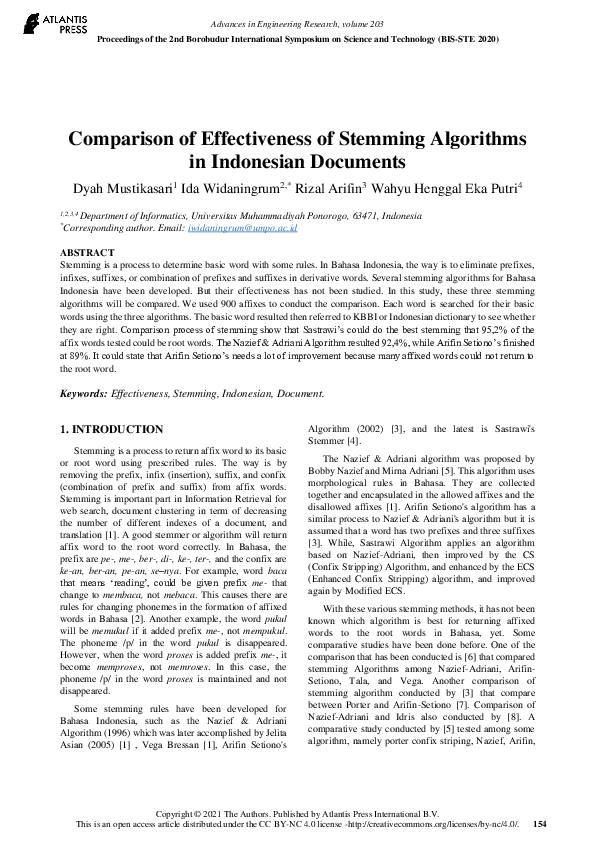 (PDF) Comparison of Effectiveness of Stemming Algorithms in Indonesian Documents