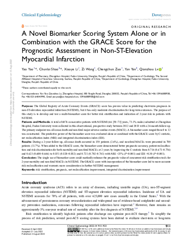 (PDF) A Novel Biomarker Scoring System Alone or in Combination with the GRACE Score for the ...