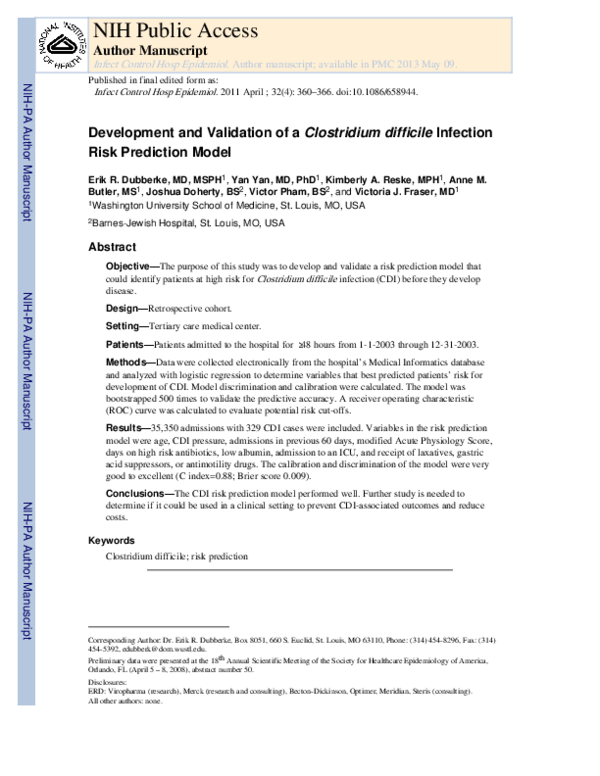(PDF) Development and Validation of a Clostridium difficile Infection Risk Prediction Model