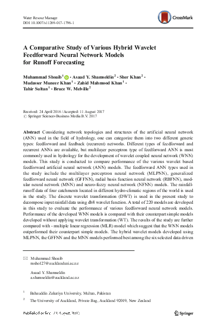 (PDF) A Comparative Study of Various Hybrid Wavelet Feedforward Neural Network Models for Runoff ...