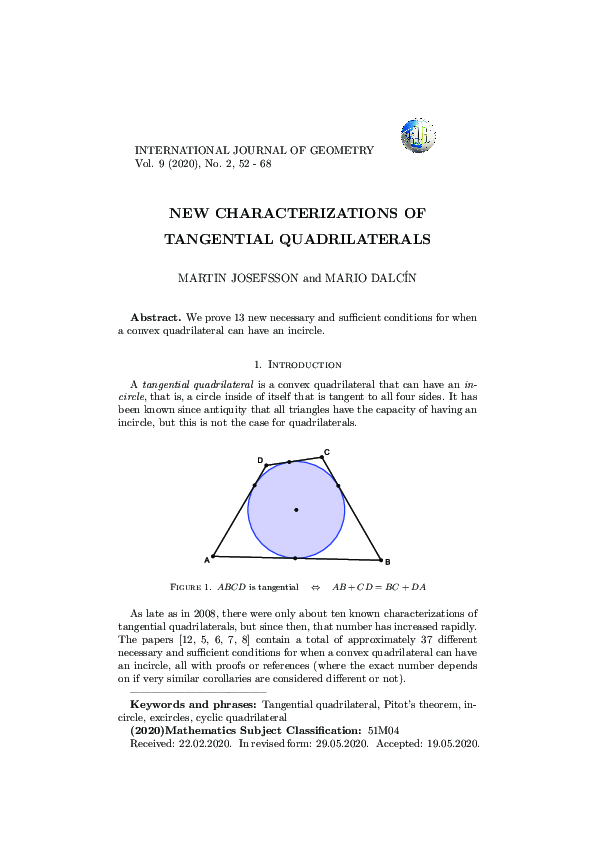 (PDF) NEW CHARACTERIZATIONS OF TANGENTIAL QUADRILATERALS