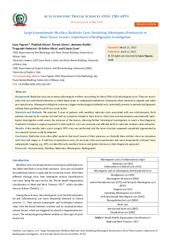 (PDF) Large Asymptomatic Maxillary Radicular Cysts Simulating ...