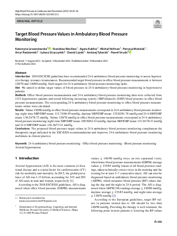 (PDF) Target Blood Pressure Values in Ambulatory Blood Pressure ...
